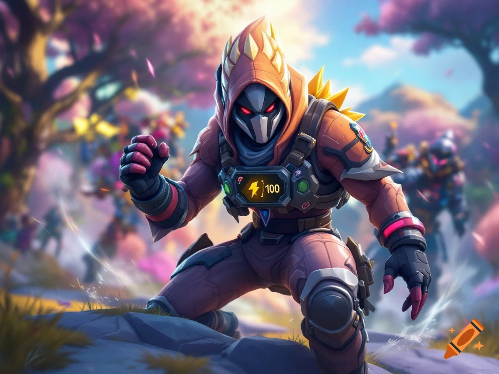 Masked character in orange and purple futuristic gear kneels in a ...