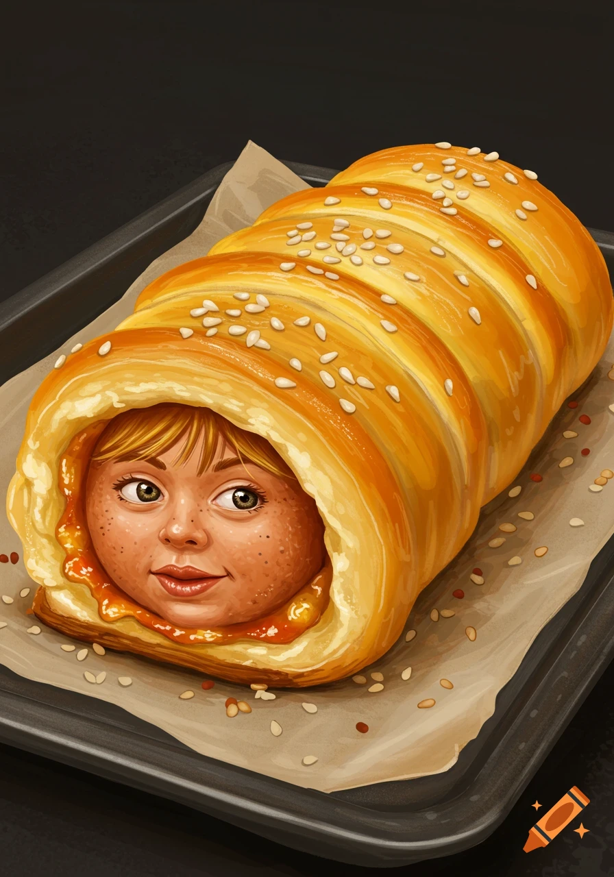 Illustration of a human head emerging from a sausage roll on a baking ...