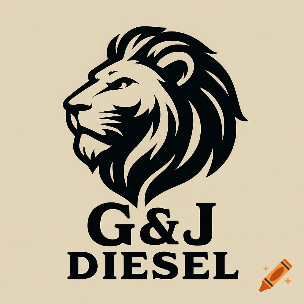 Black logo of a lion head profile above the text G&J DIESEL. on Craiyon