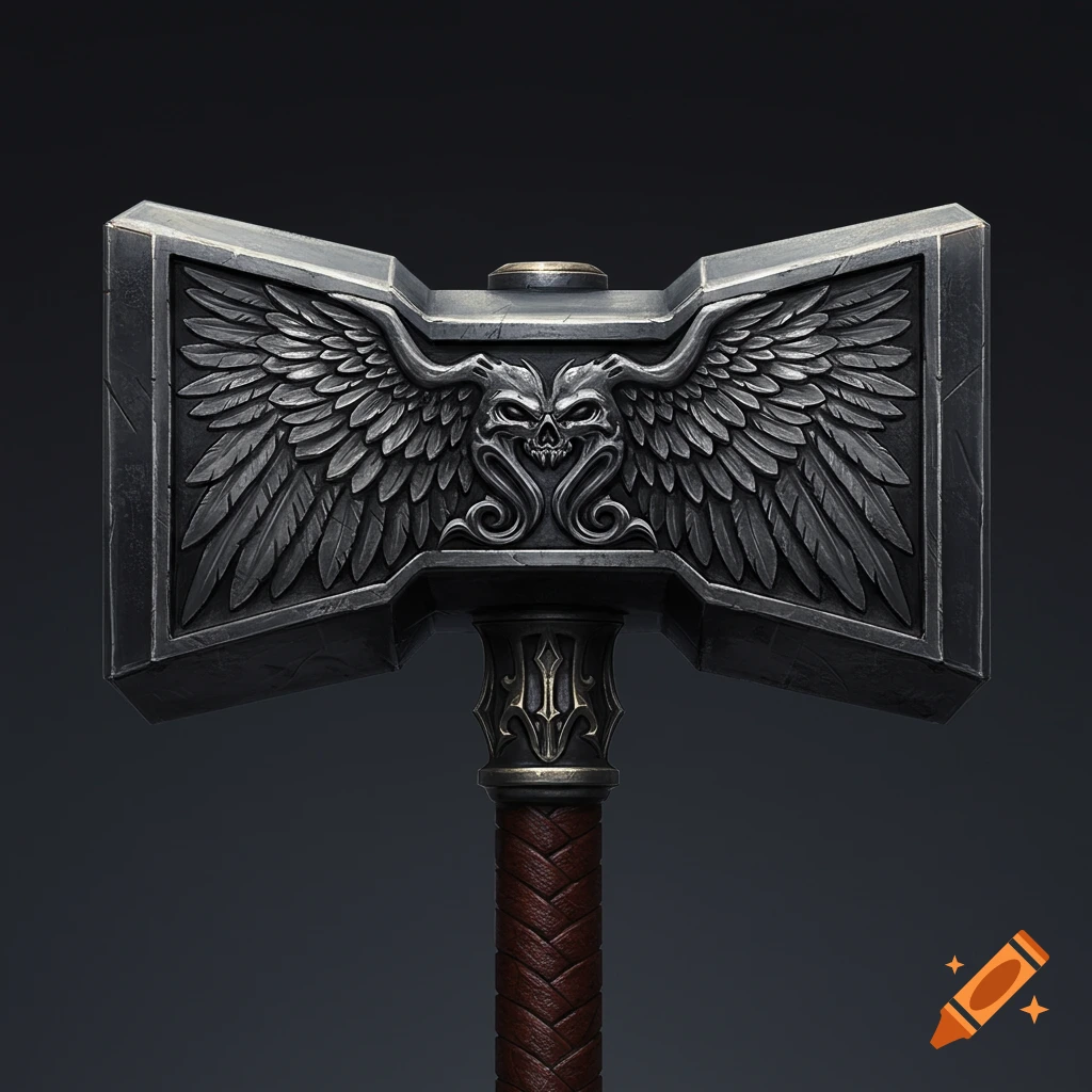 Close-up of a fantasy war hammer head with a winged skull motif and ...