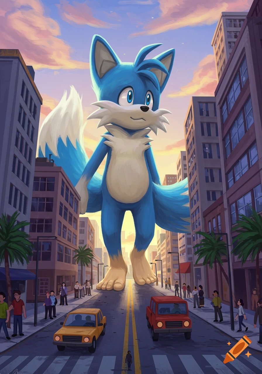 Giant blue fox, Tails from Sonic, walks through a city looking down at ...