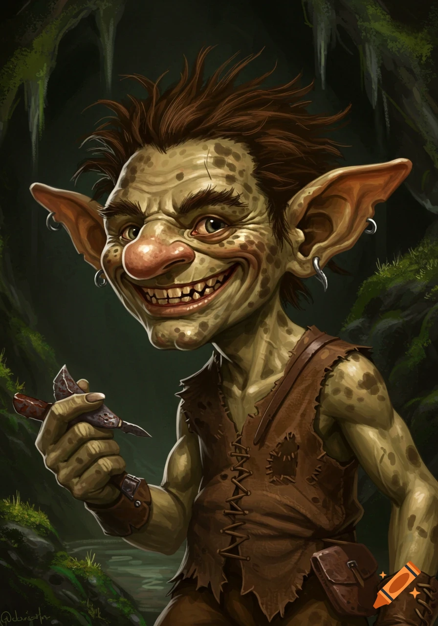 Illustration of a grinning goblin holding a small knife in a cave. on ...
