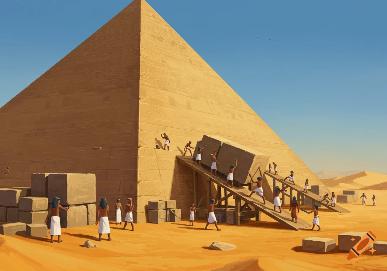 Ancient Egyptians build a large pyramid using ramps in a desert ...