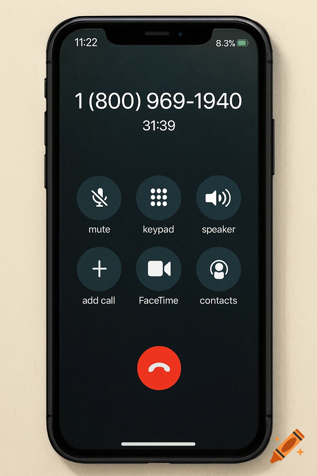 Close-up of an iPhone screen displaying an active call with the number ...