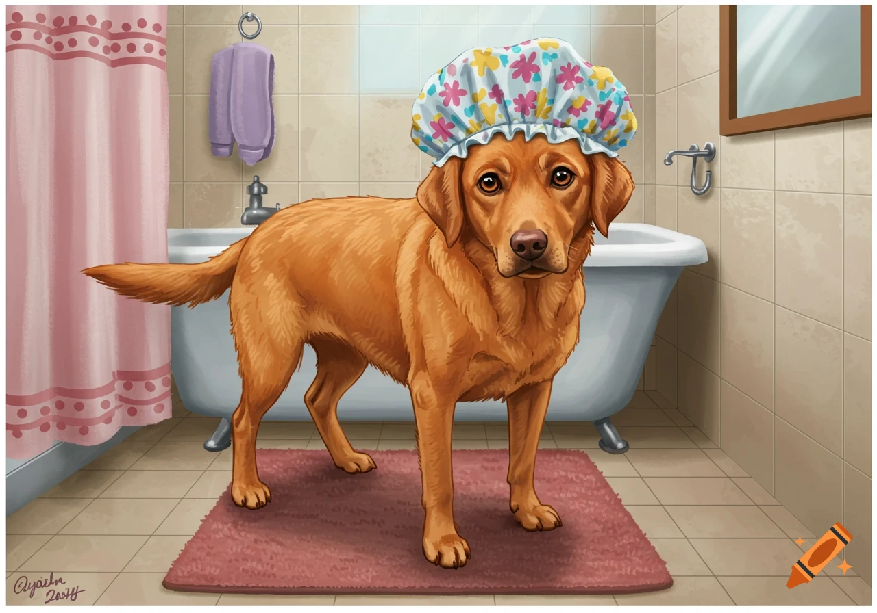 Illustration of a red fox Labrador wearing a shower cap in a bathroom ...