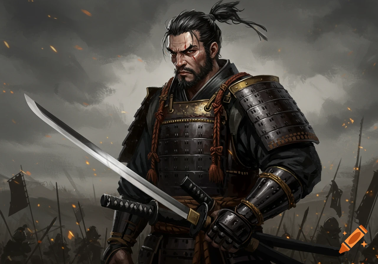 A samurai warrior with scars holds a sword on a battlefield. on Craiyon