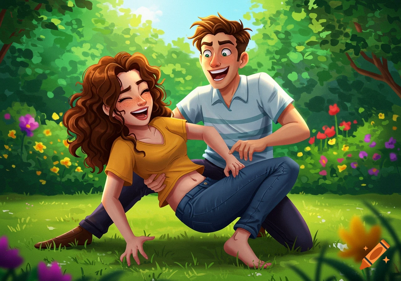 Cartoon couple tickling and laughing in a sunny garden on Craiyon