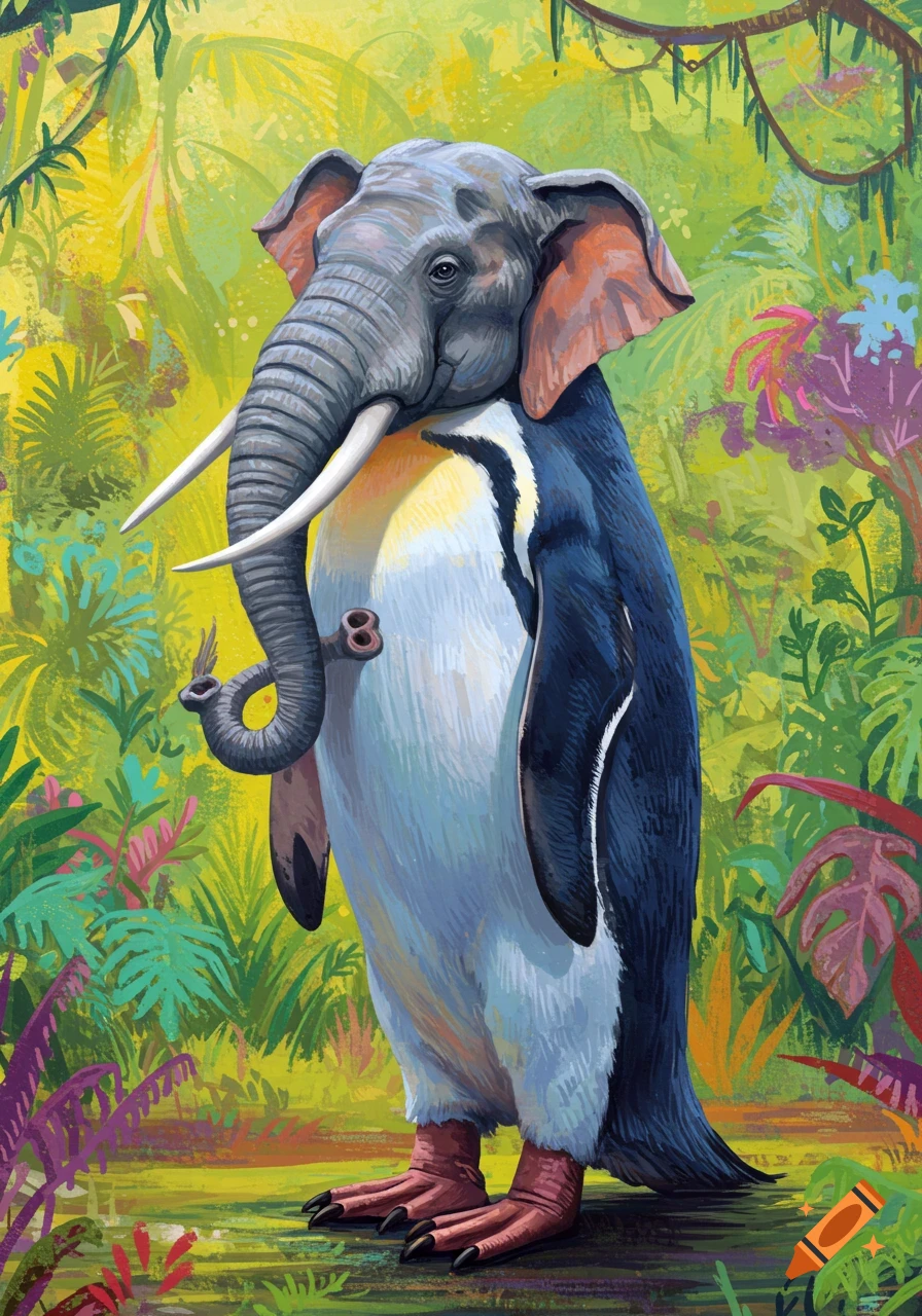 Illustration of a penguin-elephant hybrid standing in a jungle. on Craiyon