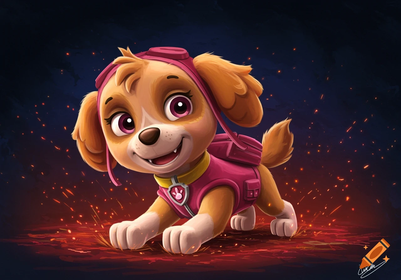 Cartoon illustration of Skye from Paw Patrol crouching with embers ...