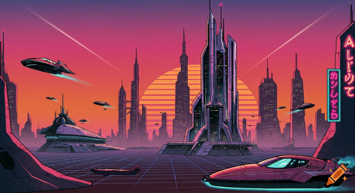 Retro futuristic city at sunset with skyscrapers, flying cars, and a ...