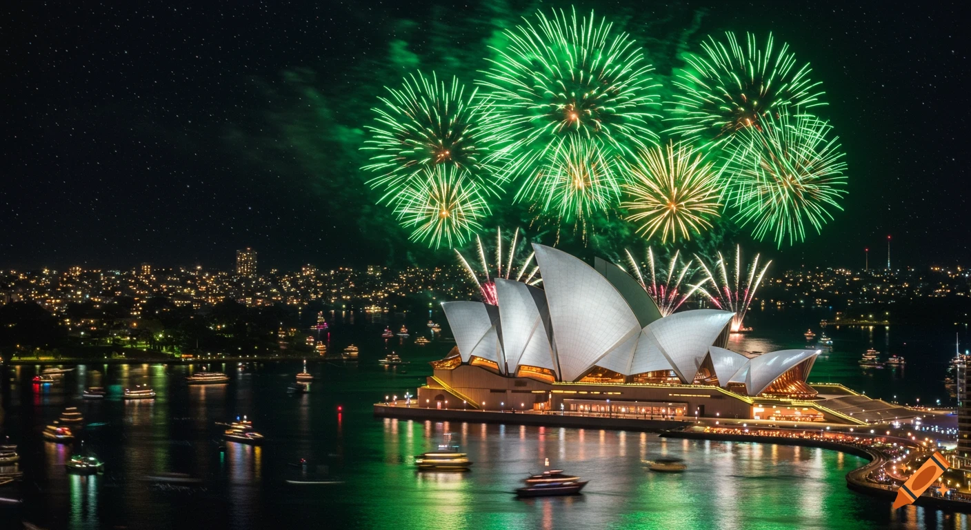 Sydney Opera House at night with green and gold fireworks exploding ...