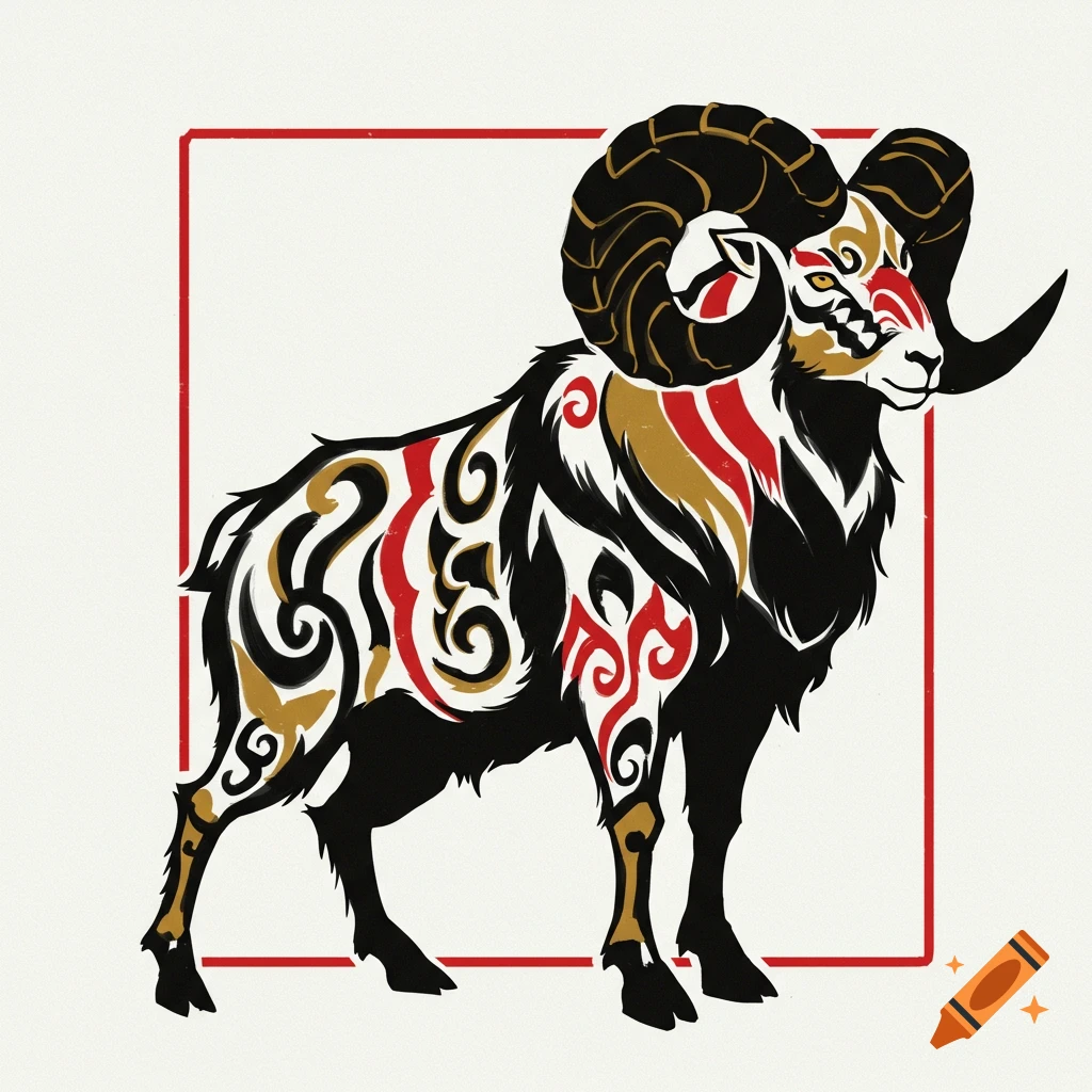A stylized ram in black, red, and gold with decorative patterns, in a ...