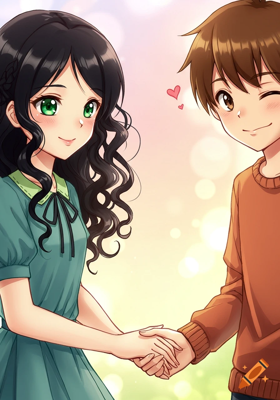 Anime drawing of a boy winking and a girl smiling, holding hands with ...