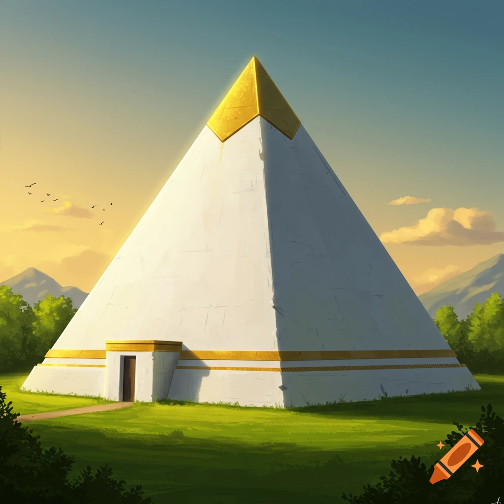 A large white pyramid with a golden cap stands in a grassy field with ...