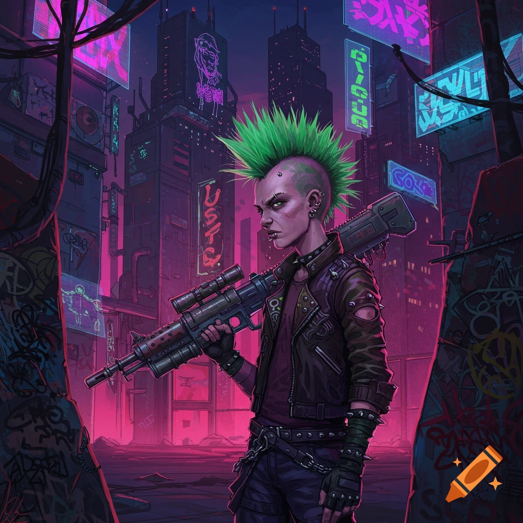 A punk character with a green mohawk and rifle stands in a neon-lit ...