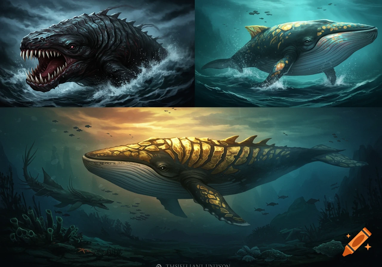 A triptych showing three whales: a monstrous creature in stormy waves ...