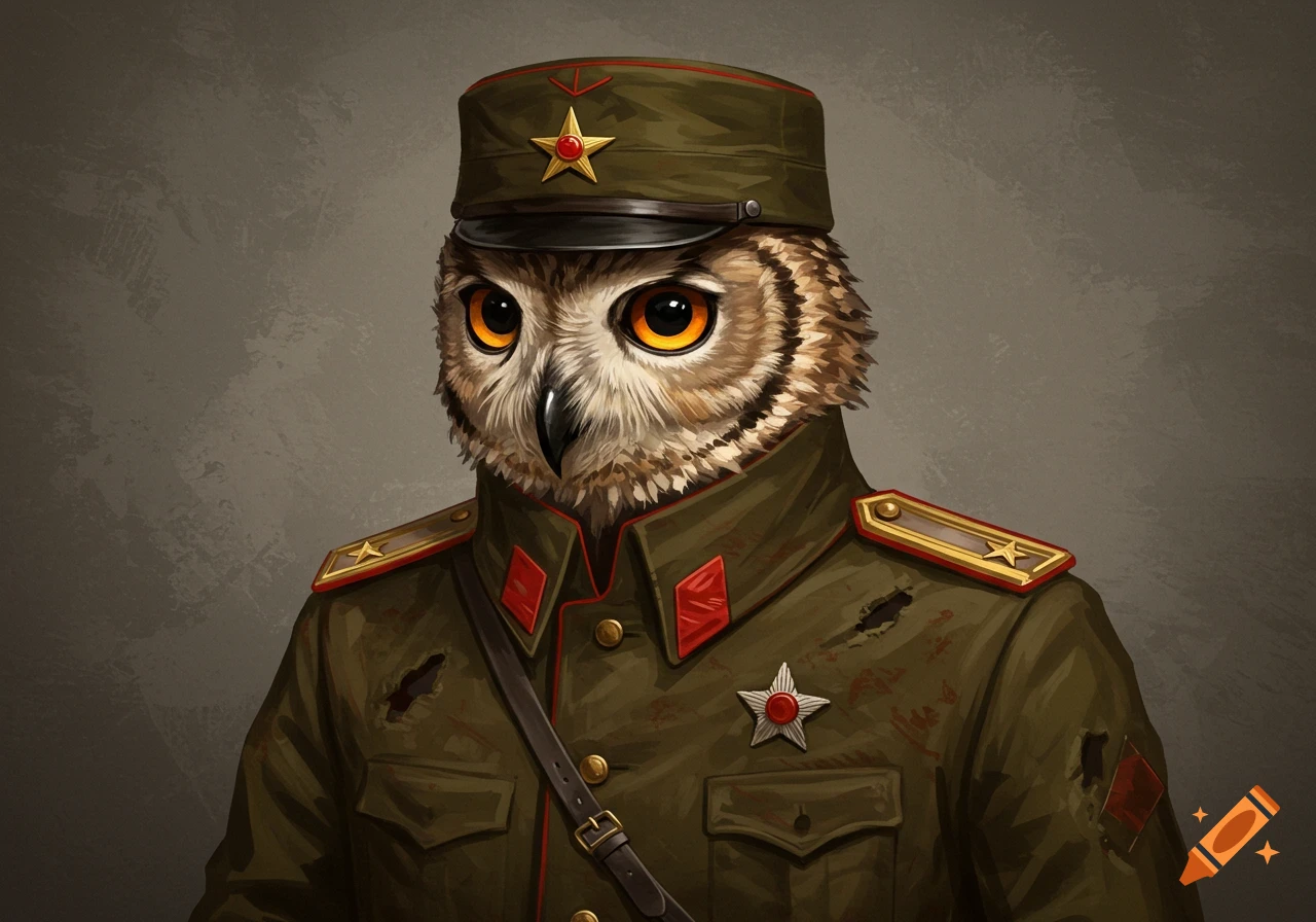 Detailed digital painting of an owl in a tattered military uniform and ...