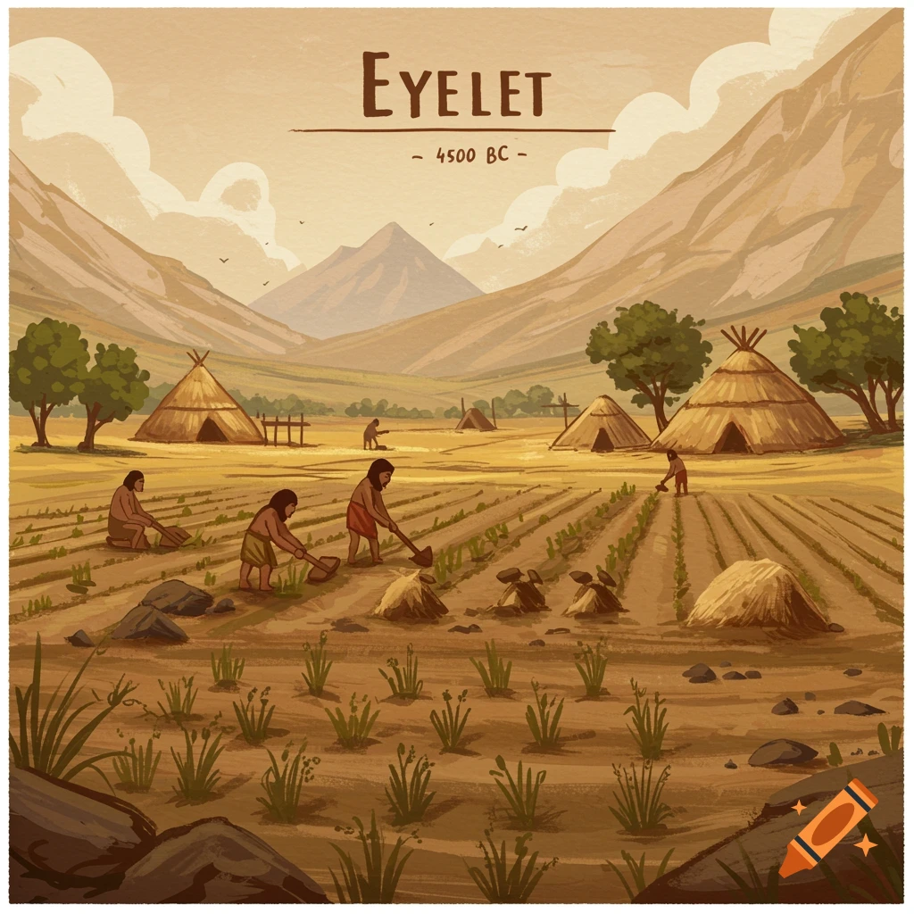 Illustration of ancient people farming crops in a valley with mountains ...