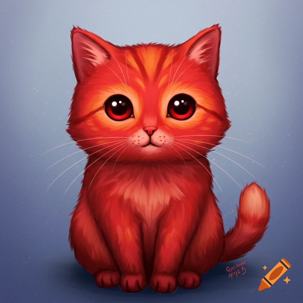 A cute, fluffy red cartoon cat with big red eyes sits looking forward ...