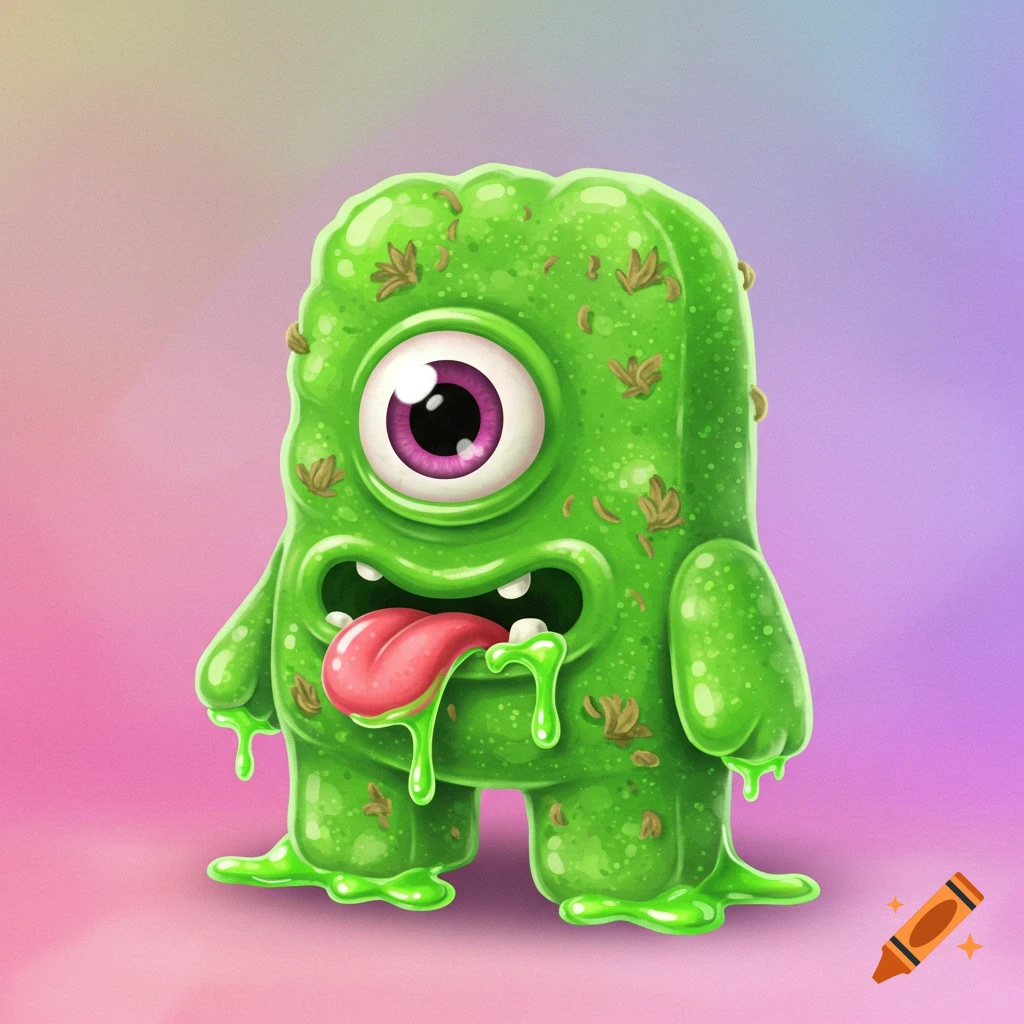 Cute green gummy monster with one eye, sticking out tongue and drooling ...