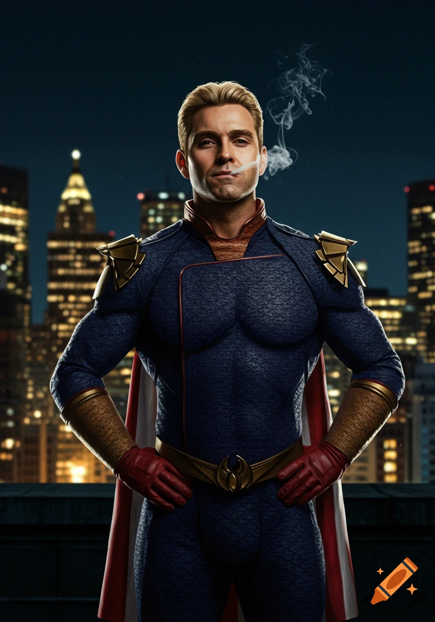 Homelander in his superhero costume standing on a rooftop smoking with ...
