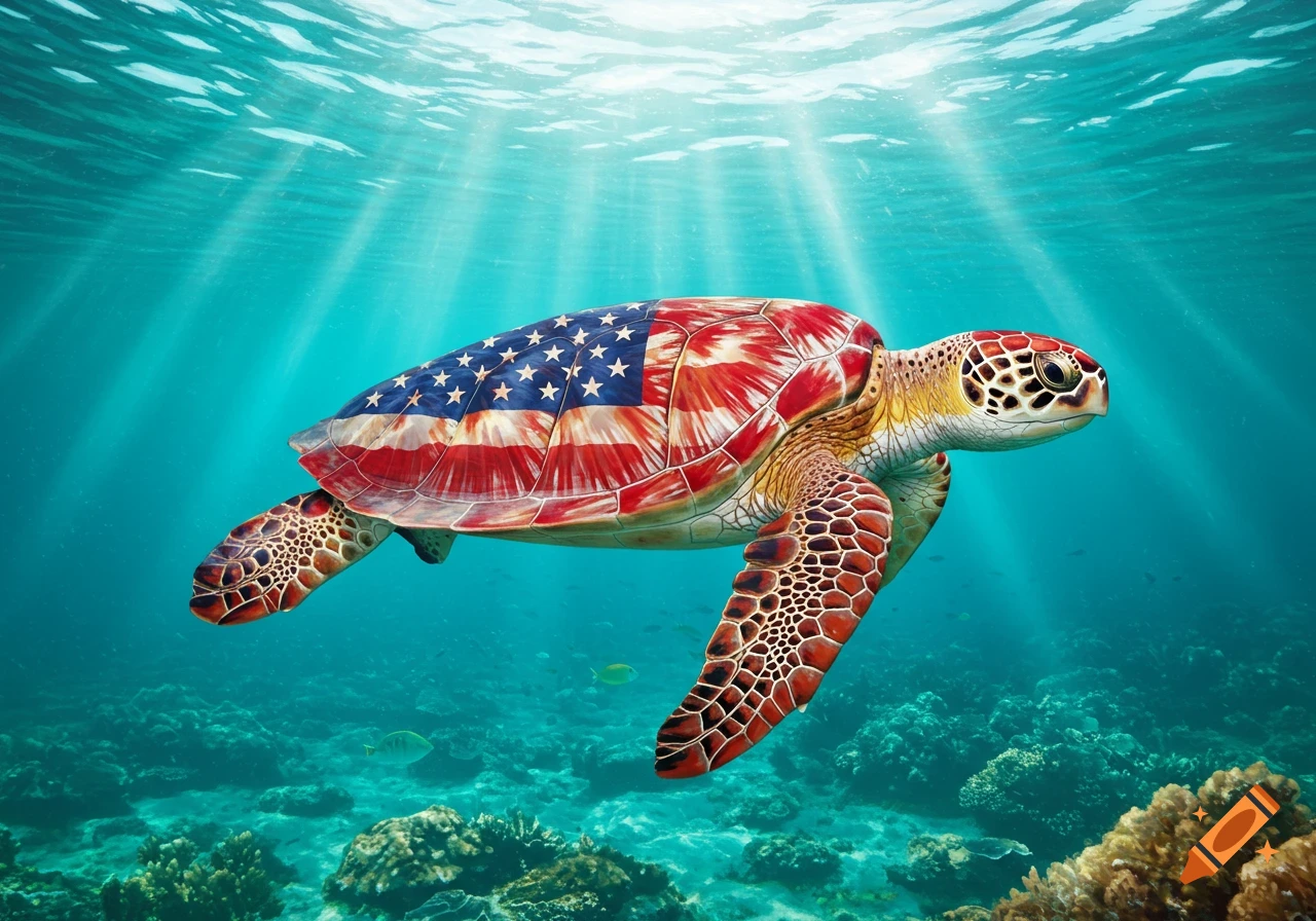 Sea turtle swimming underwater with an American flag pattern on its ...