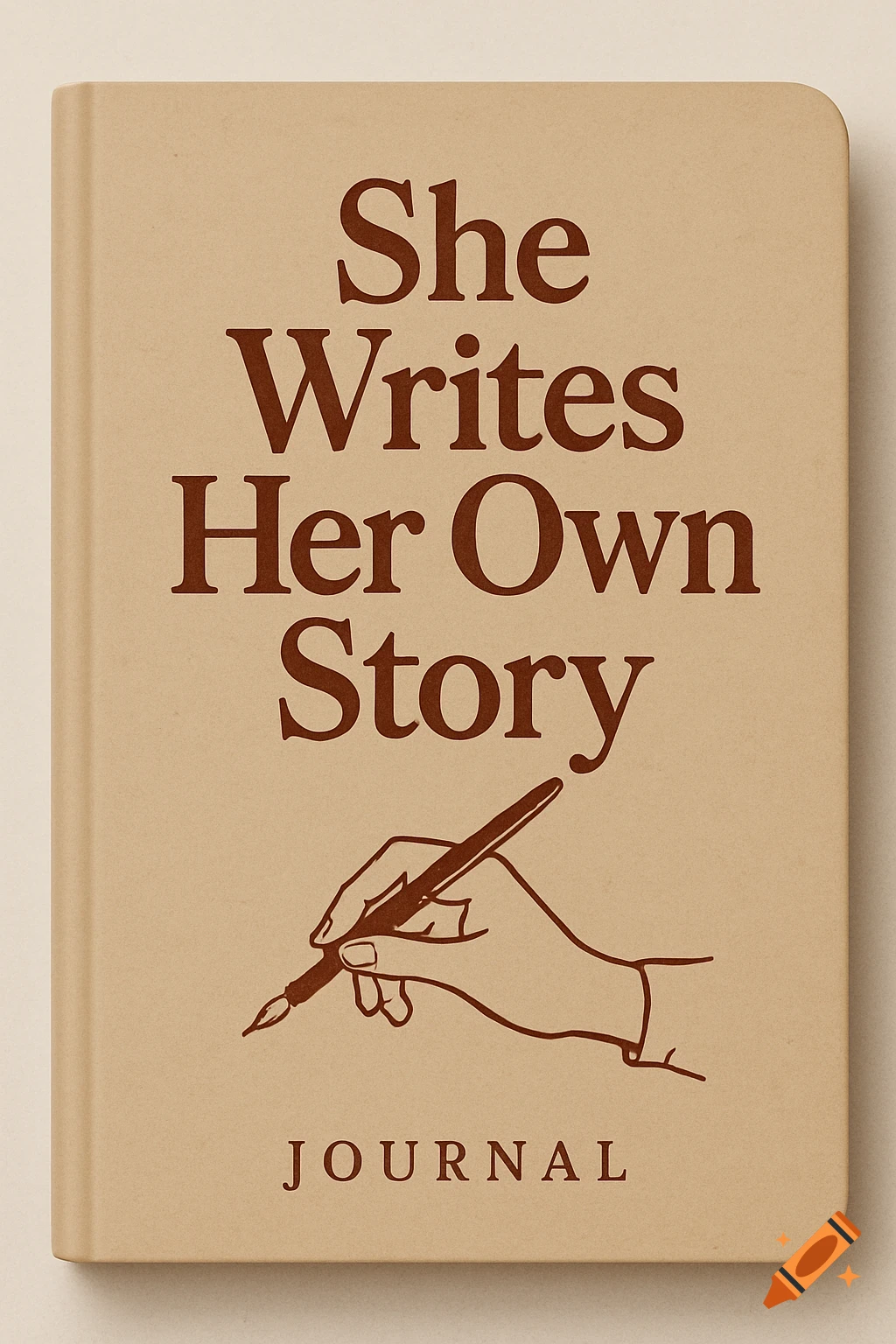 Beige journal cover titled 'She Writes Her Own Story' with an ...