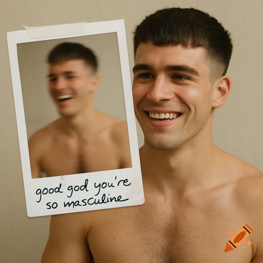 A shirtless man smiles, holding a polaroid of a blurry laughing man ...
