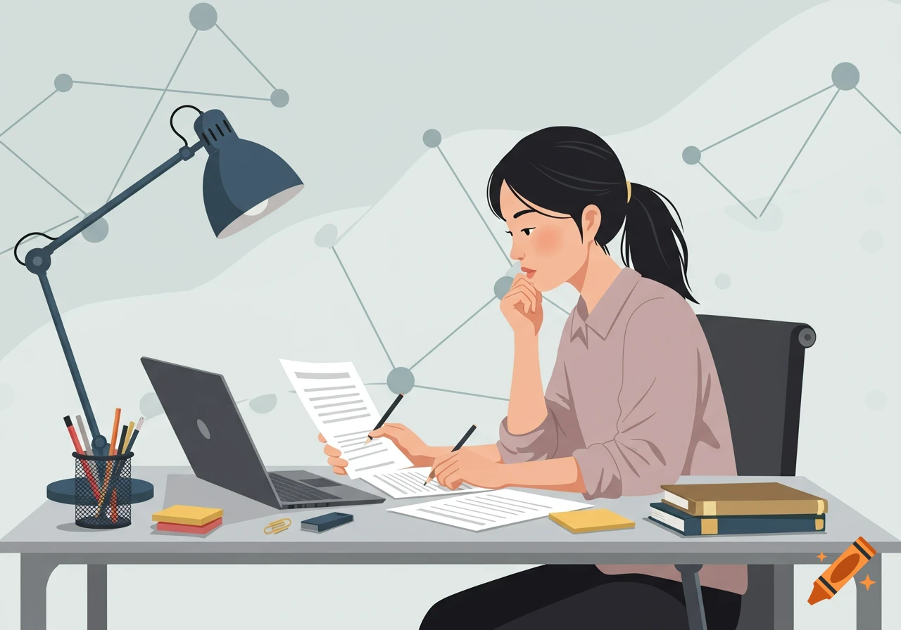 Illustration of a student working at a desk with a laptop and papers on ...