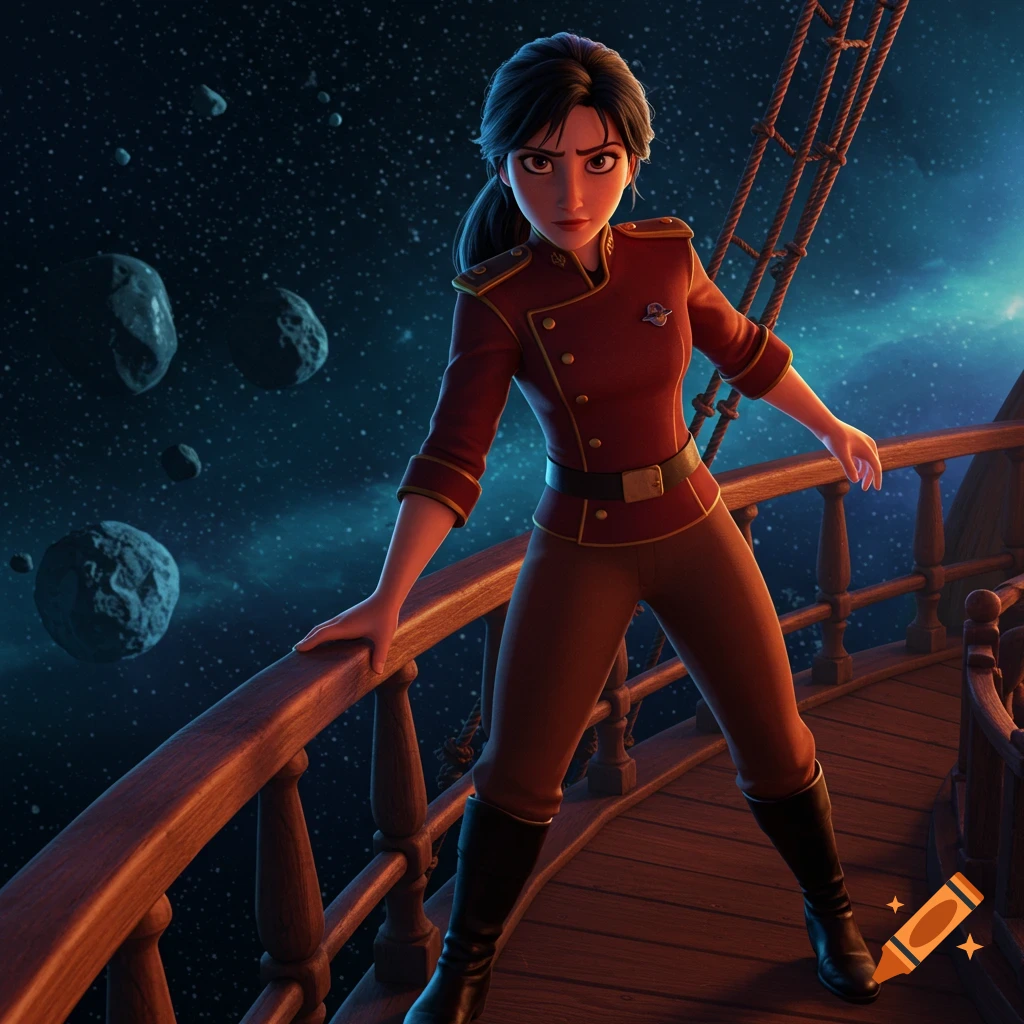 3D animated Captain Amelia from Treasure Planet stands on a ship deck ...