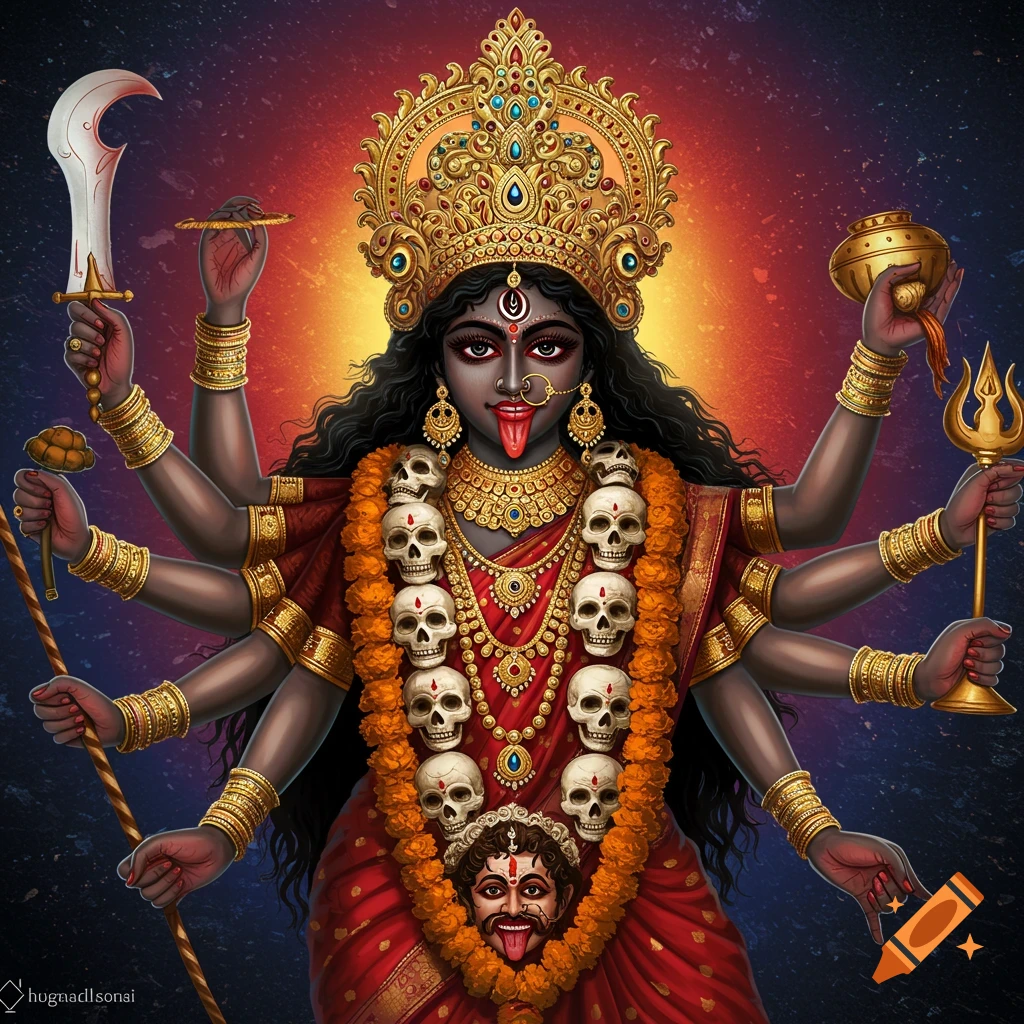Painting of the Hindu goddess Kali with multiple arms, dark skin, a ...