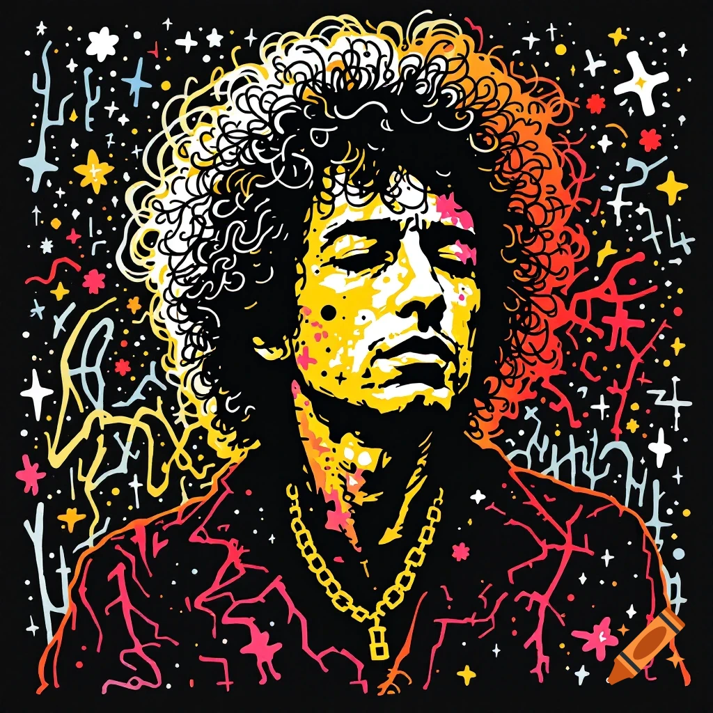 Portrait of Bob Dylan in Keith Haring style, vibrant colors and ...