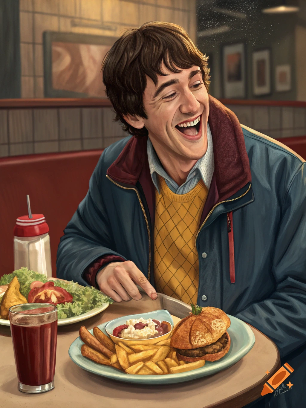 Illustration of a man laughing while eating a burger, fries, and salad ...