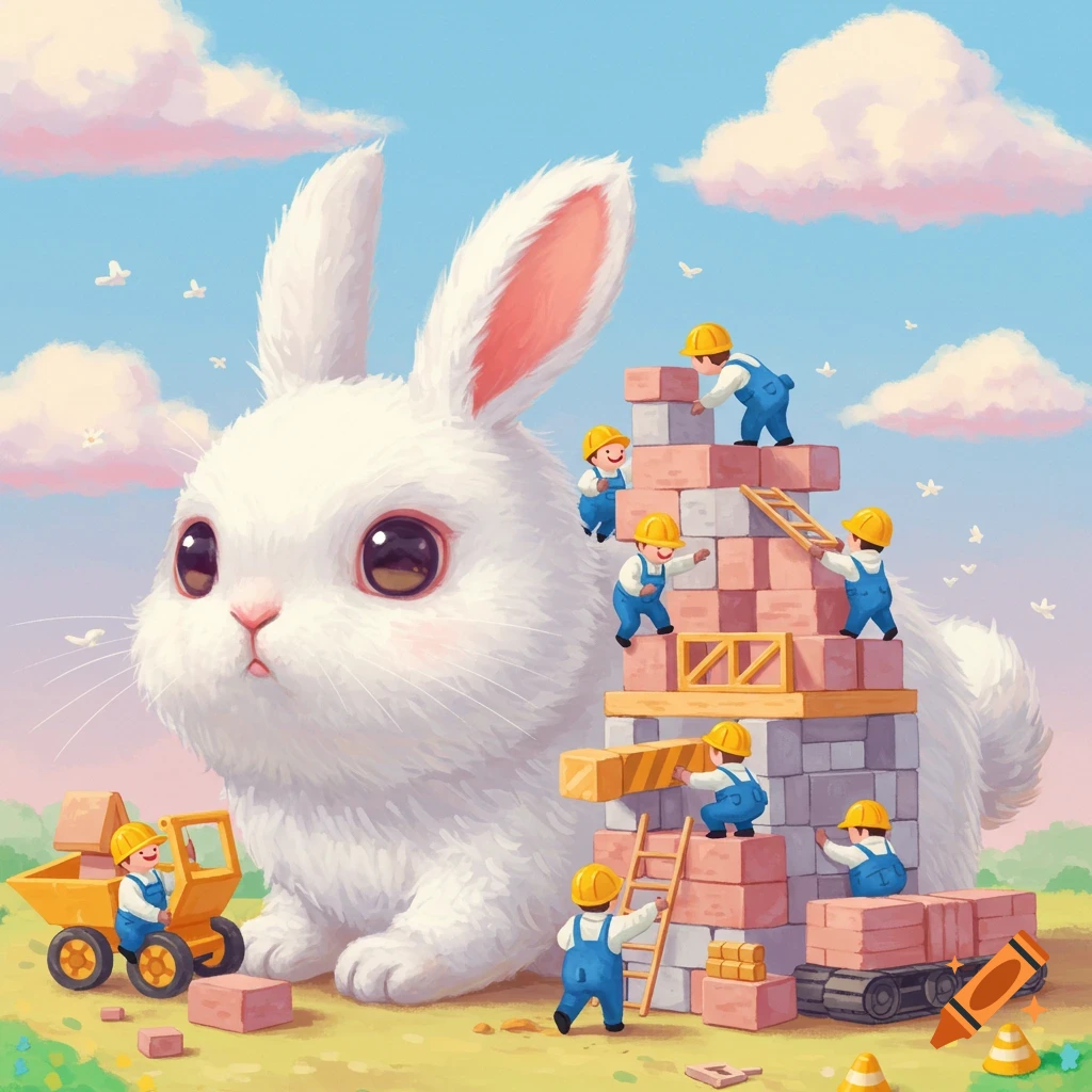 Cute cartoon illustration of a giant fluffy white bunny being built by ...