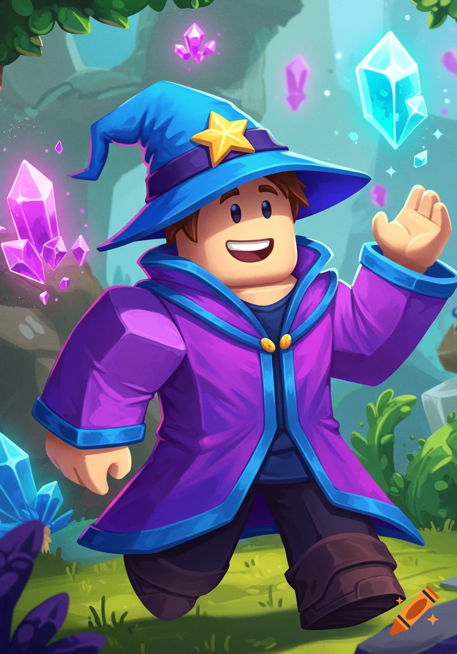 Roblox-style wizard character in purple robe and blue hat in a fantasy ...