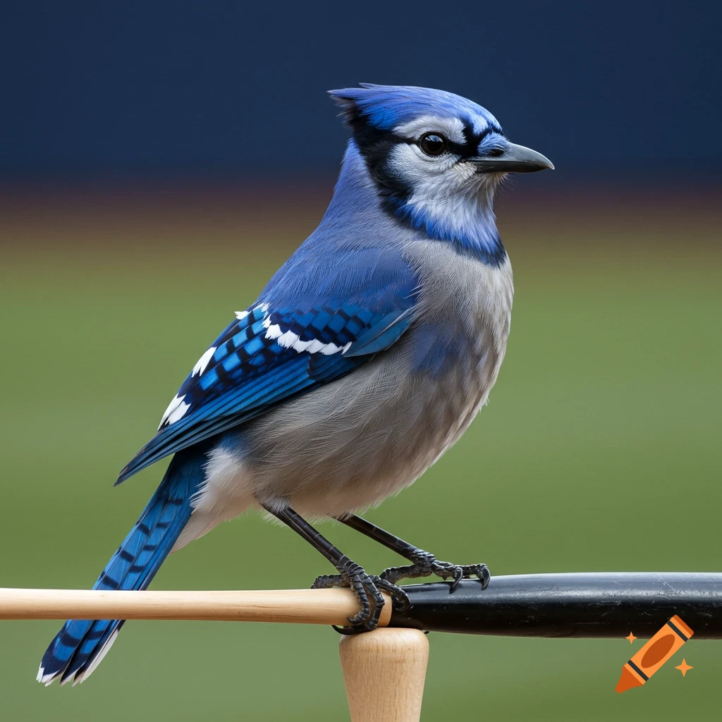 A blue jay bird perches on a baseball bat. on Craiyon