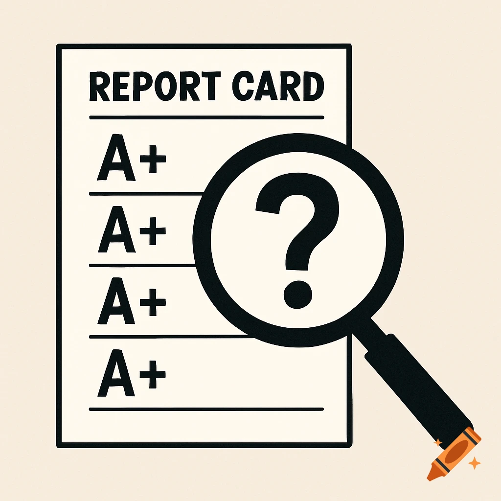 Graphic illustration of a report card with A+ grades being examined by ...