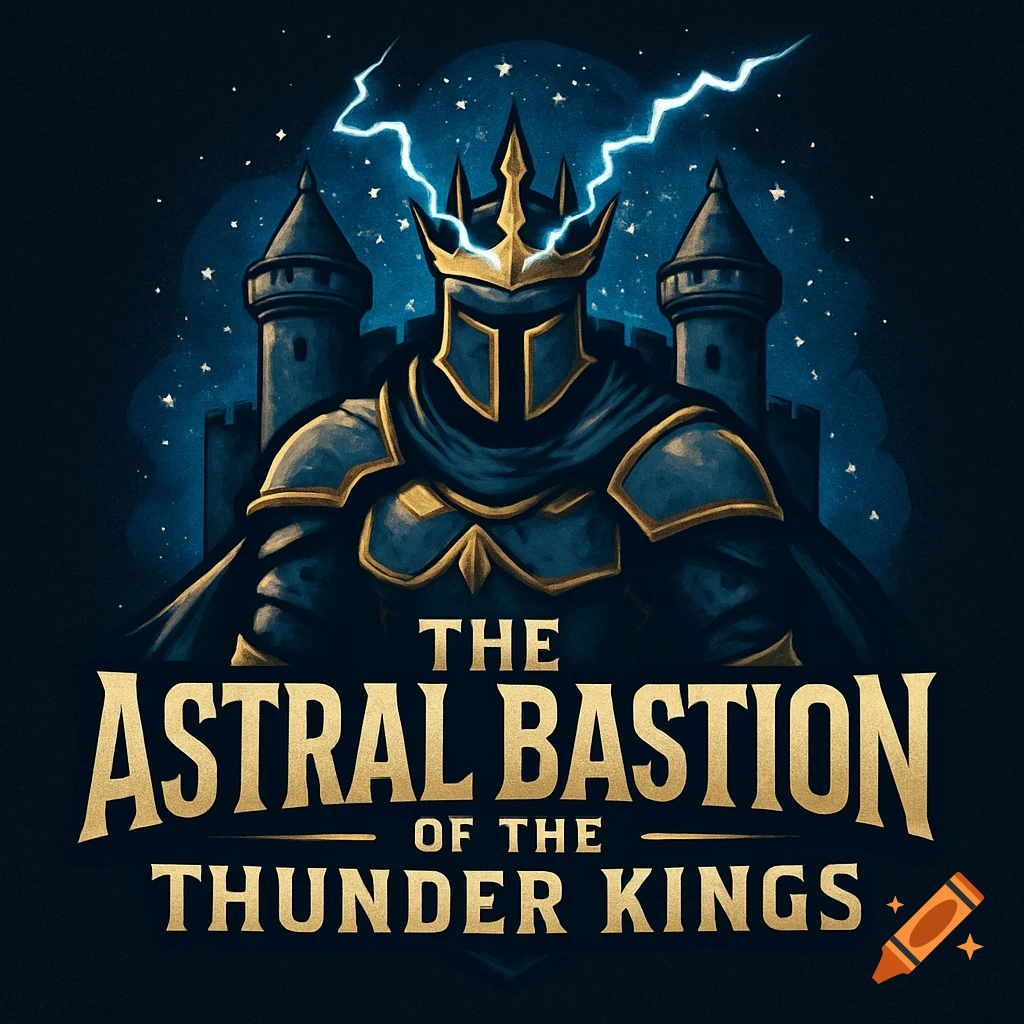 Fantasy logo of a knight in armor with castle, lightning, and the text ...