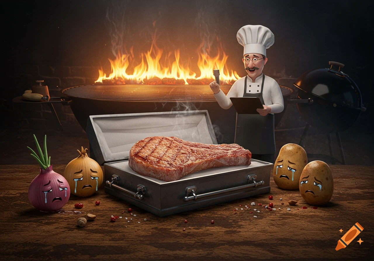 A cartoon chef gives a eulogy to a steak in a small coffin next to a ...