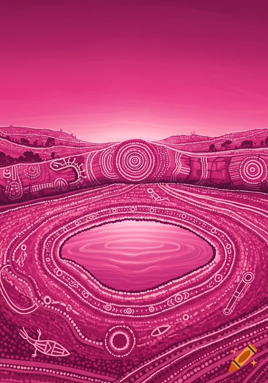 A pink illustration in the style of Aboriginal art showing a landscape ...