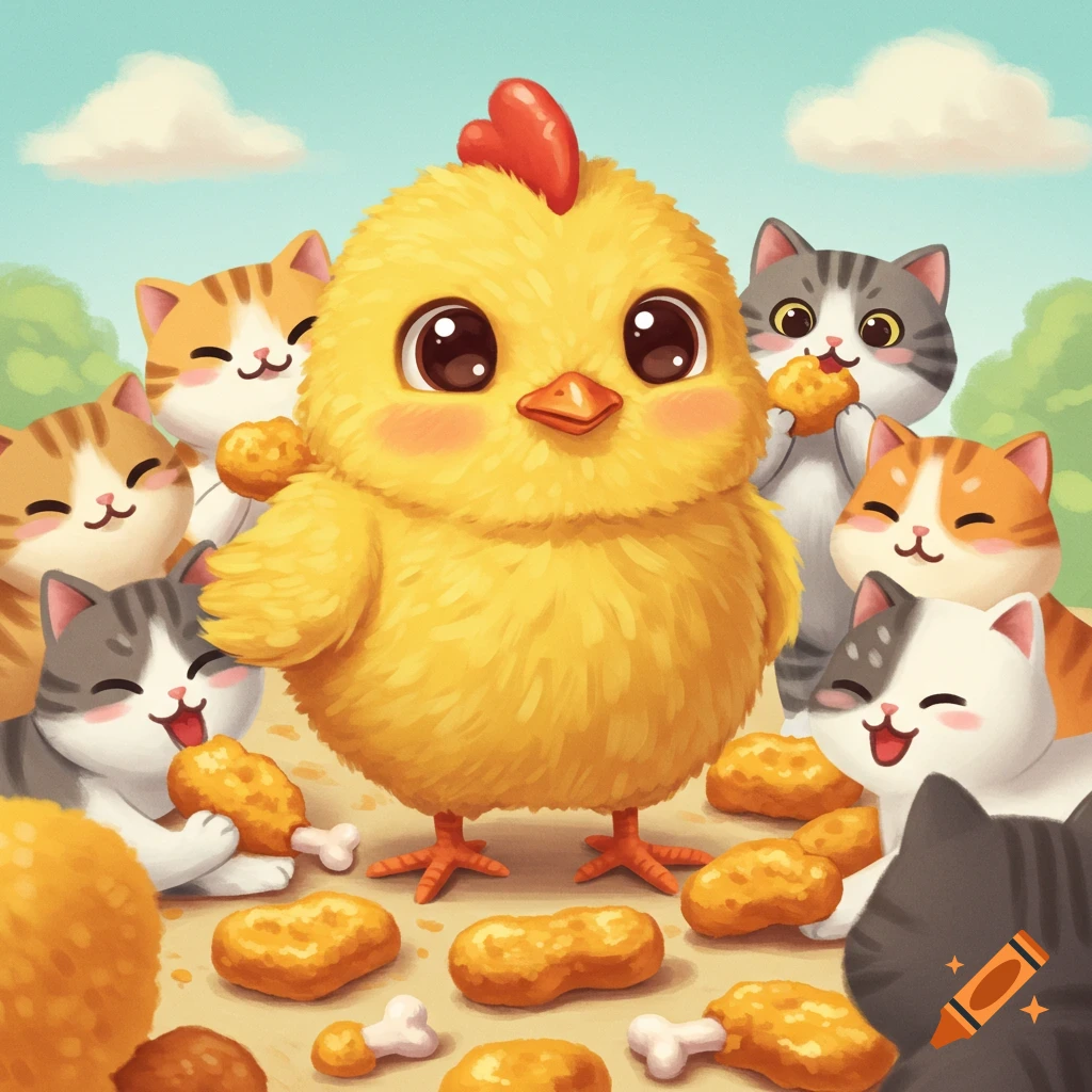 Cute cartoon chick and cats eating chicken nuggets. on Craiyon