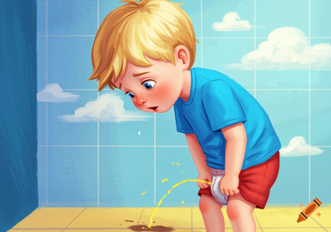 Illustration of a young boy peeing his pants in a bathroom. on Craiyon