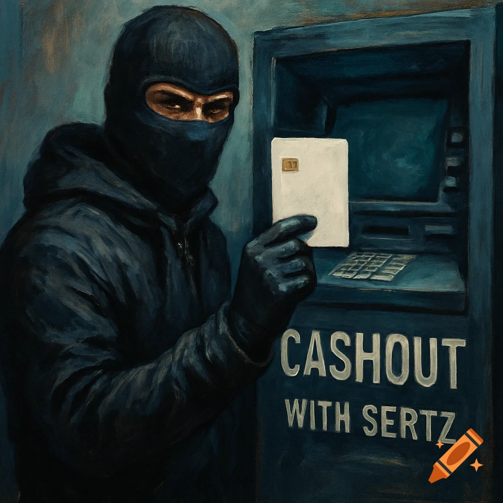 Oil painting of a person in a balaclava holding a blank card at an ATM machine that says ...