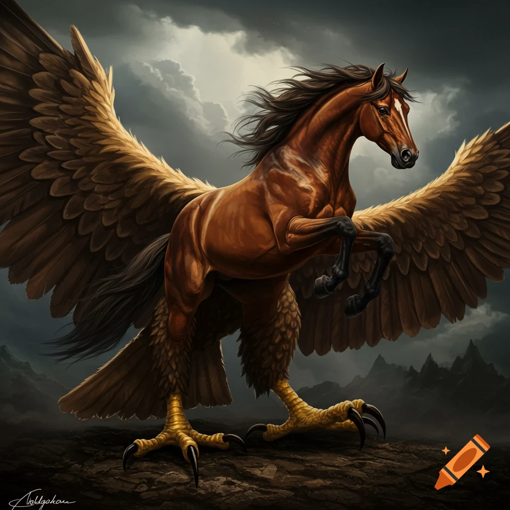 A fantasy creature combining a horse with large wings and eagle talons ...