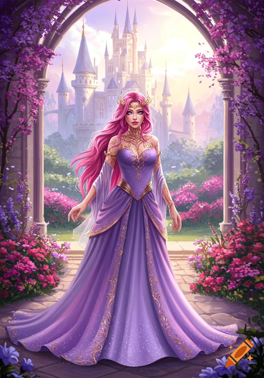 A fantasy princess with pink hair and a purple dress stands in a garden ...