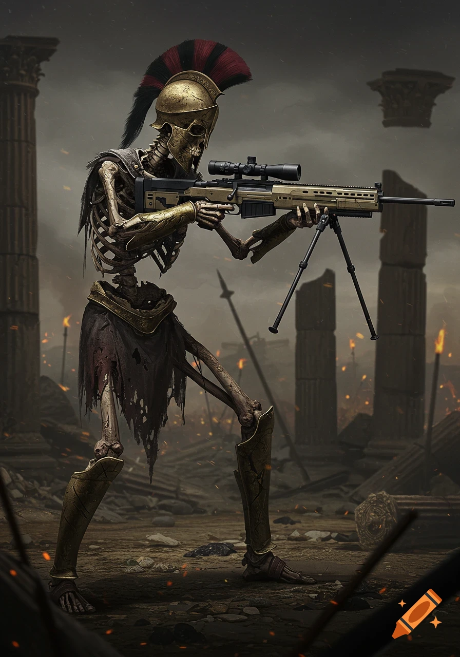 A skeleton in Spartan armor holds a sniper rifle in a ruined landscape ...