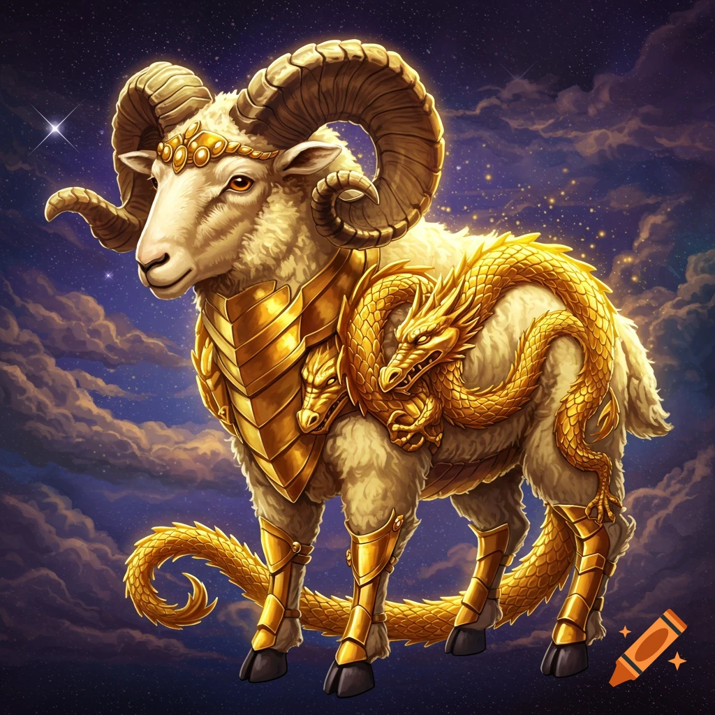 A fantasy ram wearing golden armor with a dragon design on its back ...