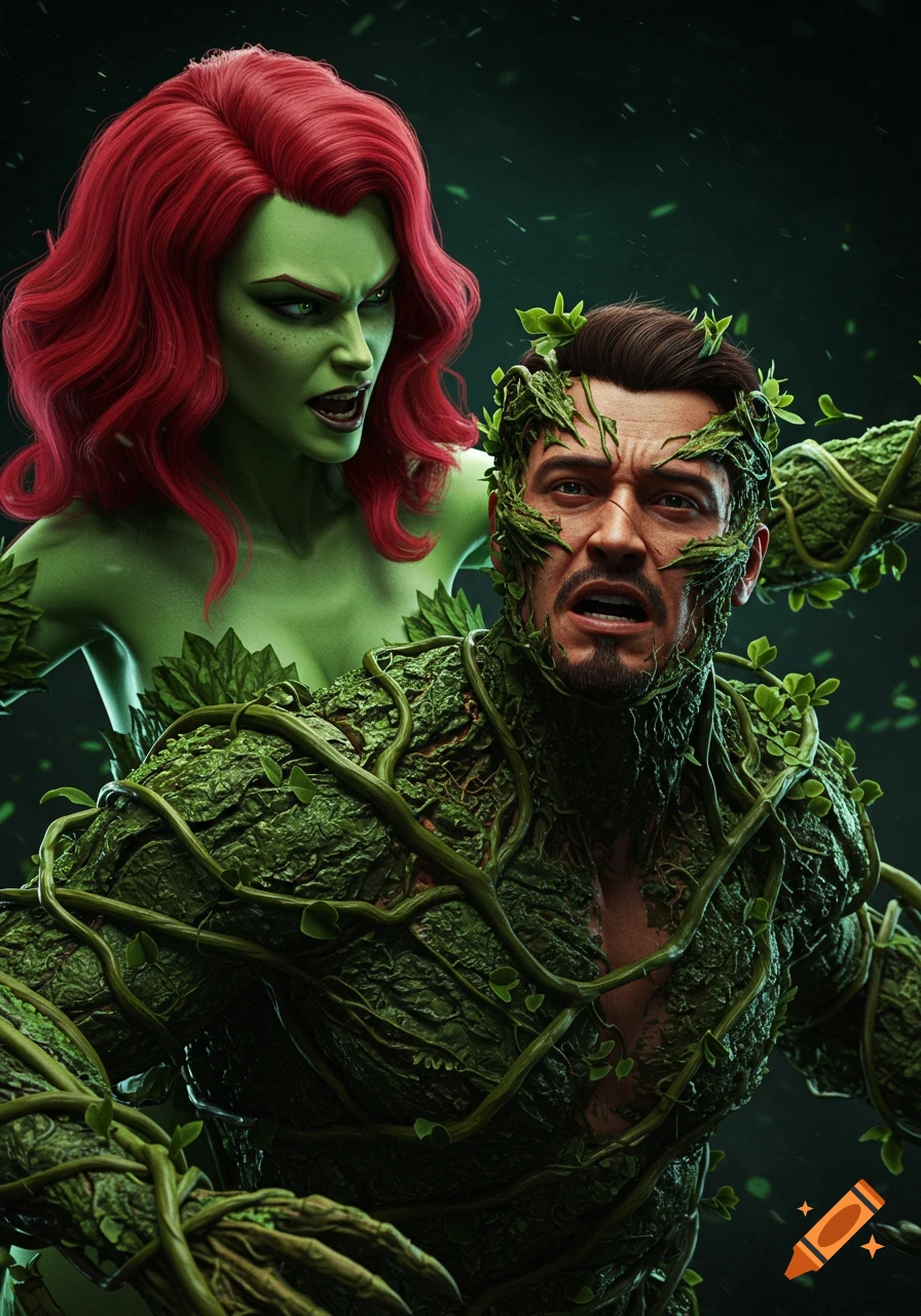 Poison Ivy with red hair and green skin standing behind a man covered ...