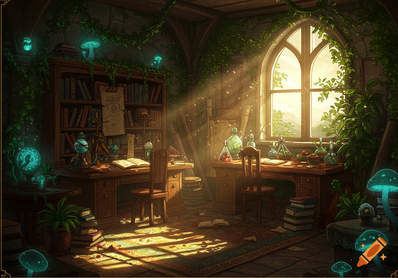 Overgrown, sunlit fantasy wizard's study with bookshelves, desks ...