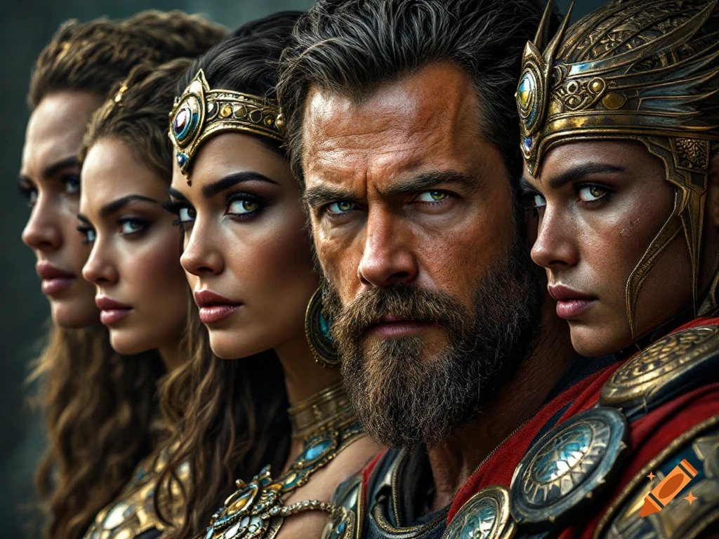 Close-up cinematic portrait of multiple figures in fantasy/mythological ...
